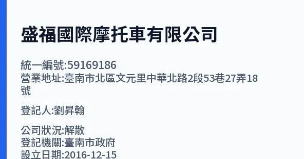 盛福國際摩托車有限公司的照片-統編 59169186(臺南市) 公司登記資料與營業項目詳細圖表