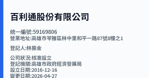 百利通股份有限公司的照片-統編 59169806(高雄市) 公司登記資料與營業項目詳細圖表