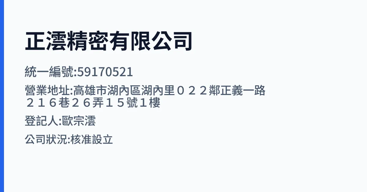 正澐精密有限公司 - 統編 59170521(高雄市) 公司登記資料與營業項目詳細圖表
