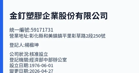 金釘塑膠企業股份有限公司的照片-統編 59171731(彰化縣) 公司登記資料與營業項目詳細圖表