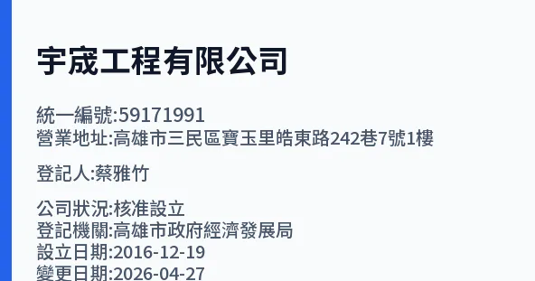 宇宬工程有限公司的照片-統編 59171991(高雄市) 公司登記資料與營業項目詳細圖表