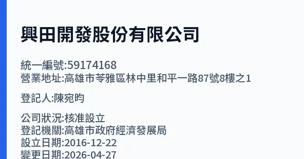 興田開發股份有限公司的照片-統編 59174168(高雄市) 公司登記資料與營業項目詳細圖表