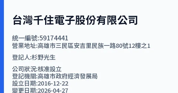 台灣千住電子股份有限公司的照片-統編 59174441(高雄市) 公司登記資料與營業項目詳細圖表