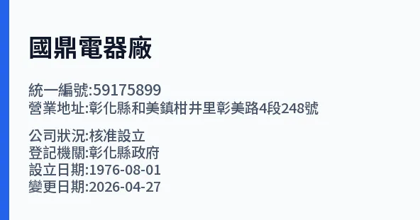 國鼎電器廠的照片-統編 59175899(彰化縣) 公司登記資料與營業項目詳細圖表