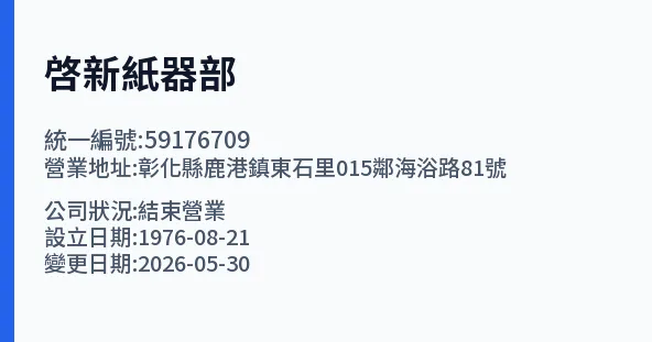 啓新紙器部的照片-統編 59176709(彰化縣) 公司登記資料與營業項目詳細圖表
