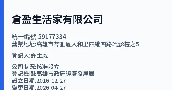倉盈生活家有限公司的照片-統編 59177334(高雄市) 公司登記資料與營業項目詳細圖表