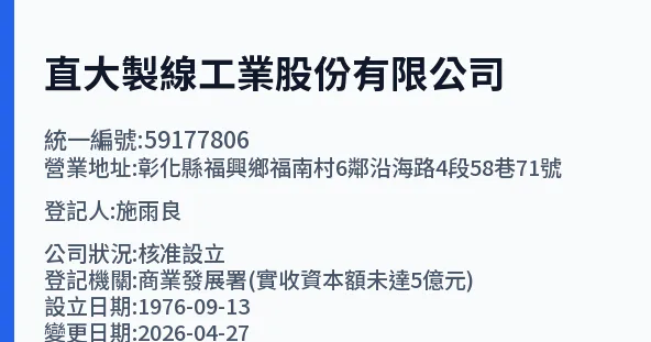 直大製線工業股份有限公司的照片-統編 59177806(彰化縣) 公司登記資料與營業項目詳細圖表