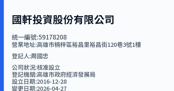 國軒投資股份有限公司的照片-統編 59178208(高雄市) 公司登記資料與營業項目詳細圖表
