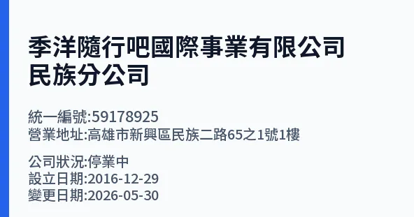 季洋隨行吧國際事業有限公司民族分公司的照片-統編 59178925(高雄市) 公司登記資料與營業項目詳細圖表