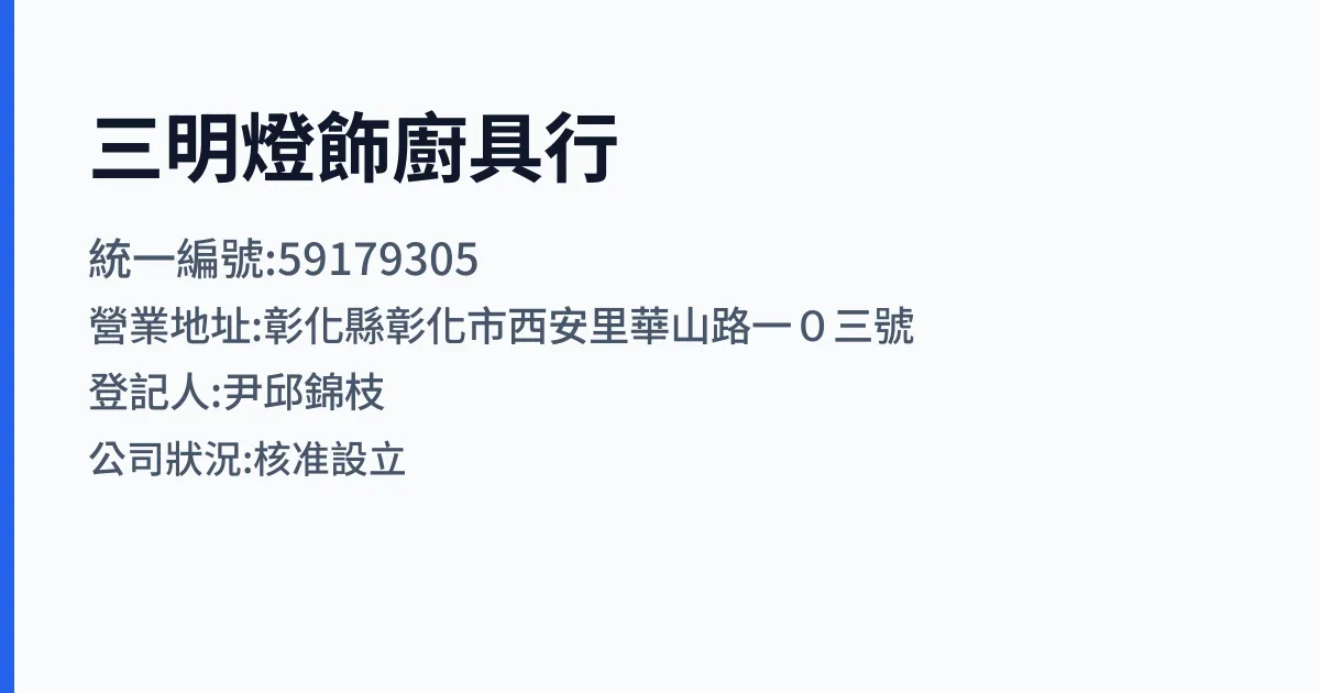 三明燈飾廚具行 - 統編 59179305(彰化縣) 公司登記資料與營業項目詳細圖表