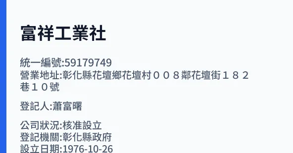 富祥工業社的照片-統編 59179749(彰化縣) 公司登記資料與營業項目詳細圖表