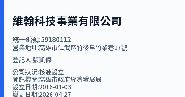 維翰科技事業有限公司的照片-統編 59180112(高雄市) 公司登記資料與營業項目詳細圖表