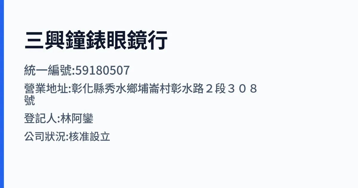 三興鐘錶眼鏡行 - 統編 59180507(彰化縣) 公司登記資料與營業項目詳細圖表