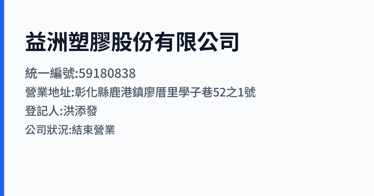益洲塑膠股份有限公司 - 統編 59180838(彰化縣) 公司登記資料與營業項目詳細圖表
