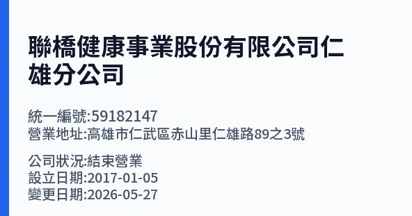 聯橋健康事業股份有限公司仁雄分公司的照片-統編 59182147(高雄市) 公司登記資料與營業項目詳細圖表