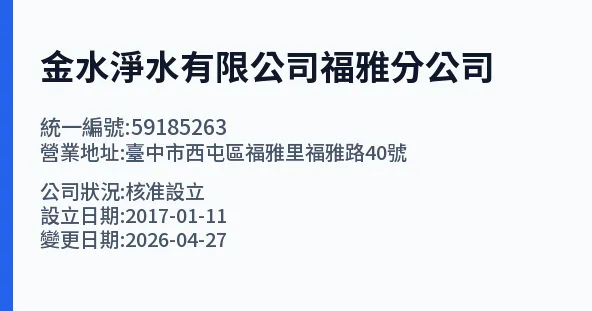 金水淨水有限公司福雅分公司的照片-統編 59185263(臺中市) 公司登記資料與營業項目詳細圖表