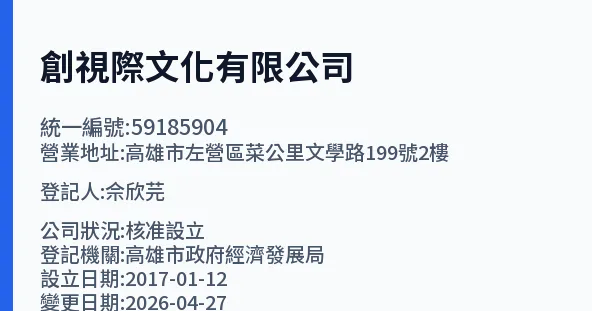 創視際文化有限公司的照片-統編 59185904(高雄市) 公司登記資料與營業項目詳細圖表