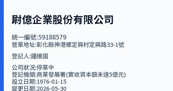 尉億企業股份有限公司的照片-統編 59188579(彰化縣) 公司登記資料與營業項目詳細圖表