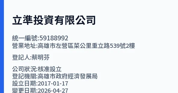立準投資有限公司的照片-統編 59188992(高雄市) 公司登記資料與營業項目詳細圖表