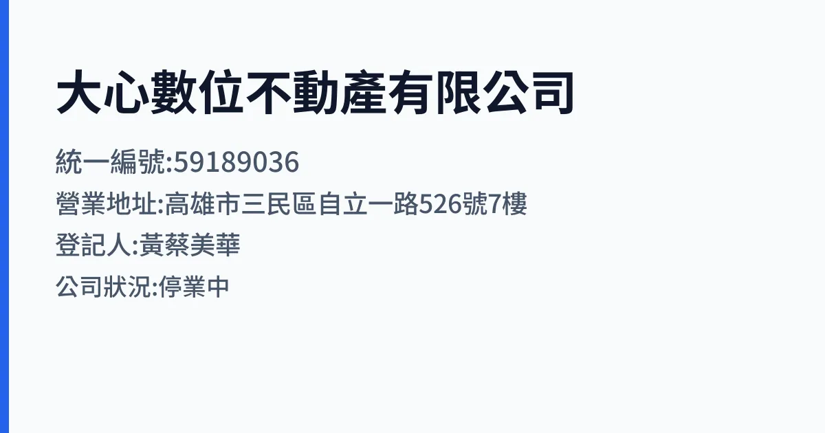 大心數位不動產有限公司 - 統編 59189036(高雄市) 公司登記資料與營業項目詳細圖表