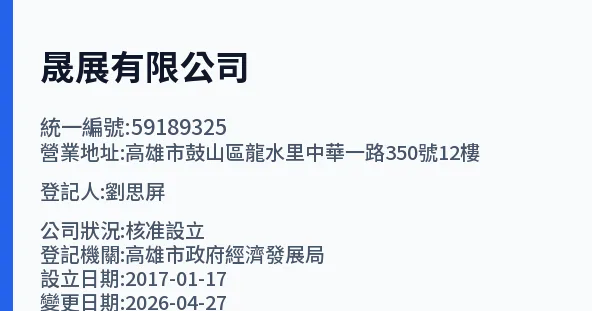晟展有限公司的照片-統編 59189325(高雄市) 公司登記資料與營業項目詳細圖表
