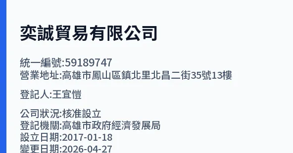 奕誠貿易有限公司的照片-統編 59189747(高雄市) 公司登記資料與營業項目詳細圖表