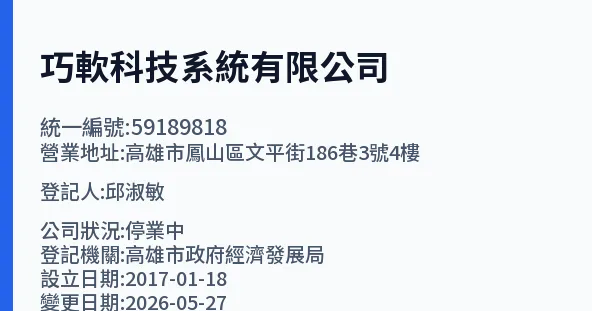 巧軟科技系統有限公司的照片-統編 59189818(高雄市) 公司登記資料與營業項目詳細圖表