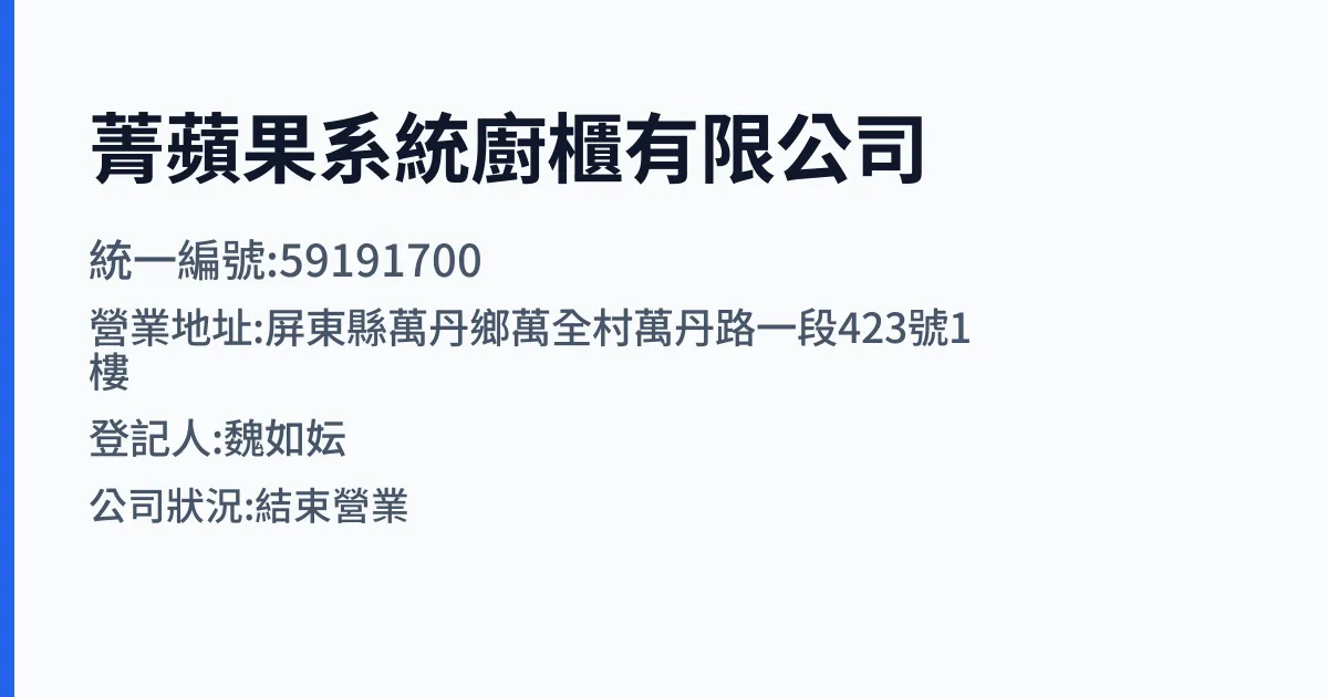 菁蘋果系統廚櫃有限公司 - 統編 59191700(屏東縣) 公司登記資料與營業項目詳細圖表