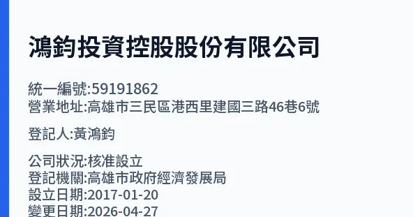 鴻鈞投資控股股份有限公司的照片-統編 59191862(高雄市) 公司登記資料與營業項目詳細圖表
