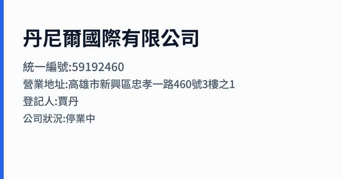 丹尼爾國際有限公司 - 統編 59192460(高雄市) 公司登記資料與營業項目詳細圖表