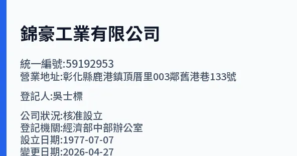 錦豪工業有限公司的照片-統編 59192953(彰化縣) 公司登記資料與營業項目詳細圖表