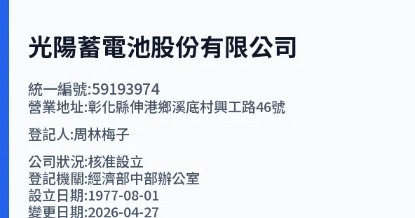 光陽蓄電池股份有限公司的照片-統編 59193974(彰化縣) 公司登記資料與營業項目詳細圖表