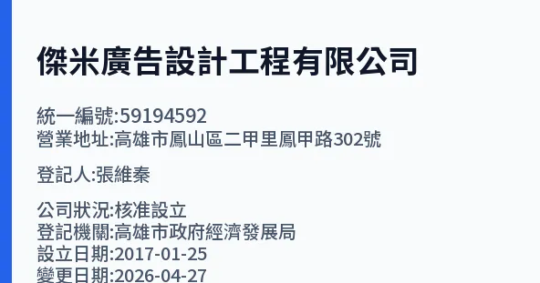 傑米廣告設計工程有限公司的照片-統編 59194592(高雄市) 公司登記資料與營業項目詳細圖表