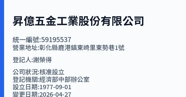 昇億五金工業股份有限公司的照片-統編 59195537(彰化縣) 公司登記資料與營業項目詳細圖表