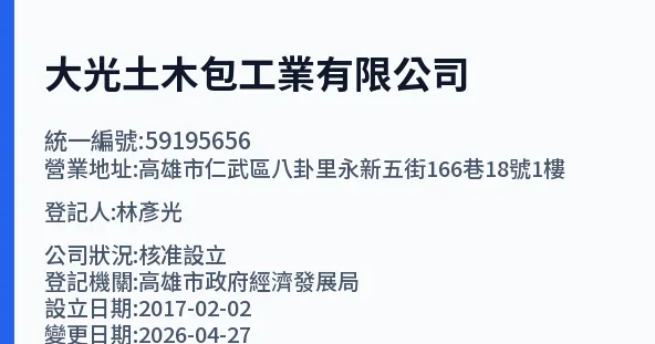 大光土木包工業有限公司的照片-統編 59195656(高雄市) 公司登記資料與營業項目詳細圖表