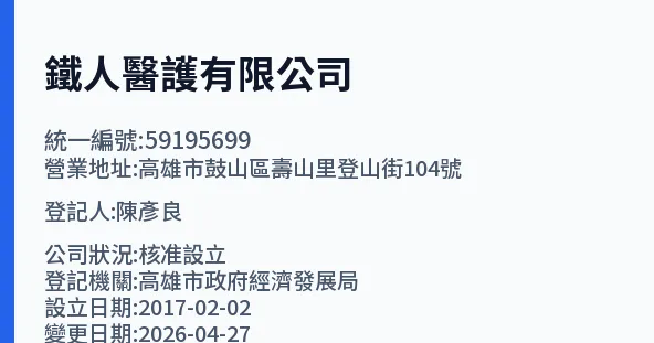 鐵人醫護有限公司的照片-統編 59195699(高雄市) 公司登記資料與營業項目詳細圖表
