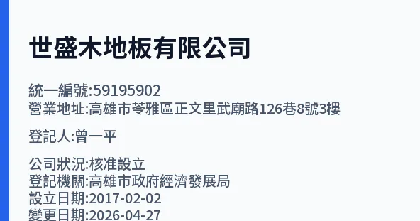 世盛木地板有限公司的照片-統編 59195902(高雄市) 公司登記資料與營業項目詳細圖表