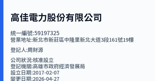 高佳電力股份有限公司的照片-統編 59197325(新北市) 公司登記資料與營業項目詳細圖表