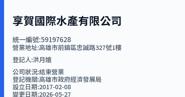 享賀國際水產有限公司的照片-統編 59197628(高雄市) 公司登記資料與營業項目詳細圖表