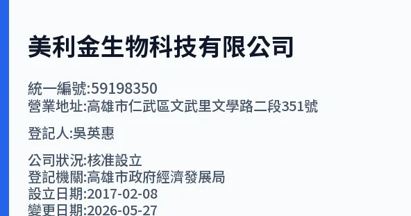 美利金生物科技有限公司的照片-統編 59198350(高雄市) 公司登記資料與營業項目詳細圖表