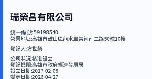 瑞榮昌有限公司的照片-統編 59198540(高雄市) 公司登記資料與營業項目詳細圖表
