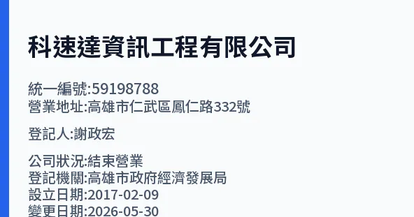科速達資訊工程有限公司的照片-統編 59198788(高雄市) 公司登記資料與營業項目詳細圖表