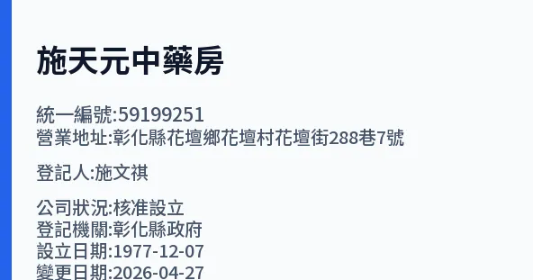 施天元中藥房的照片-統編 59199251(彰化縣) 公司登記資料與營業項目詳細圖表