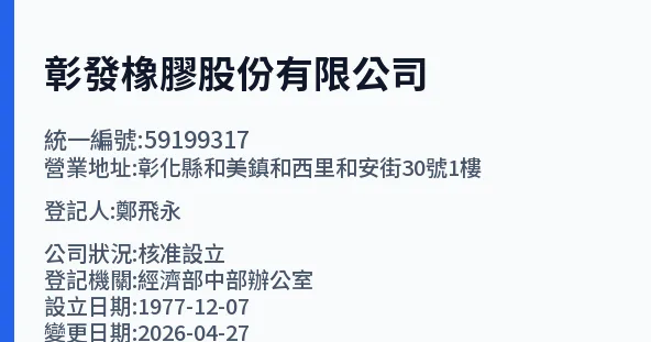 彰發橡膠股份有限公司的照片-統編 59199317(彰化縣) 公司登記資料與營業項目詳細圖表