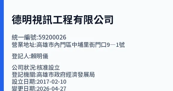 德明視訊工程有限公司的照片-統編 59200026(高雄市) 公司登記資料與營業項目詳細圖表