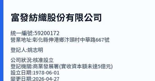 富發紡織股份有限公司的照片-統編 59200172(彰化縣) 公司登記資料與營業項目詳細圖表