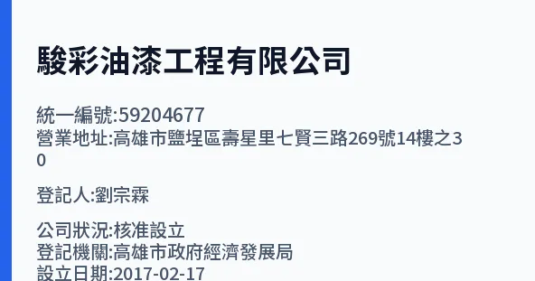 駿彩油漆工程有限公司的照片-統編 59204677(高雄市) 公司登記資料與營業項目詳細圖表