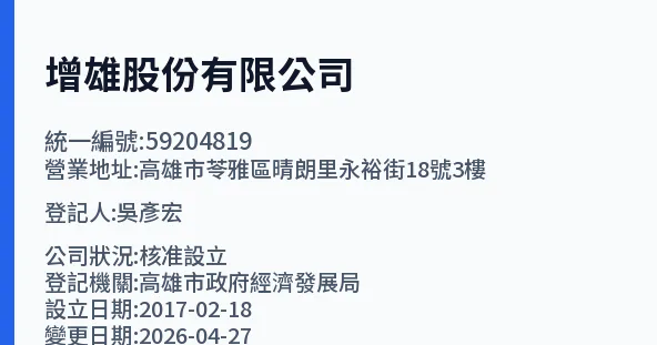增雄股份有限公司的照片-統編 59204819(高雄市) 公司登記資料與營業項目詳細圖表