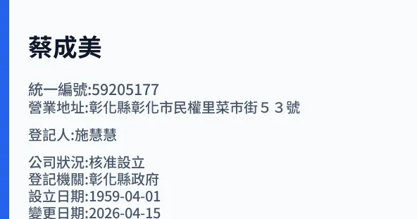 蔡成美的照片-統編 59205177(彰化縣) 公司登記資料與營業項目詳細圖表