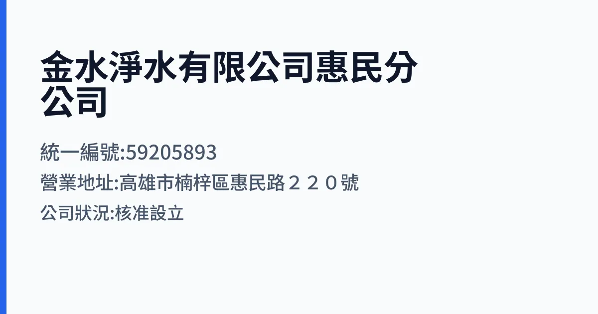 金水淨水有限公司惠民分公司 - 統編 59205893(高雄市) 公司登記資料與營業項目詳細圖表